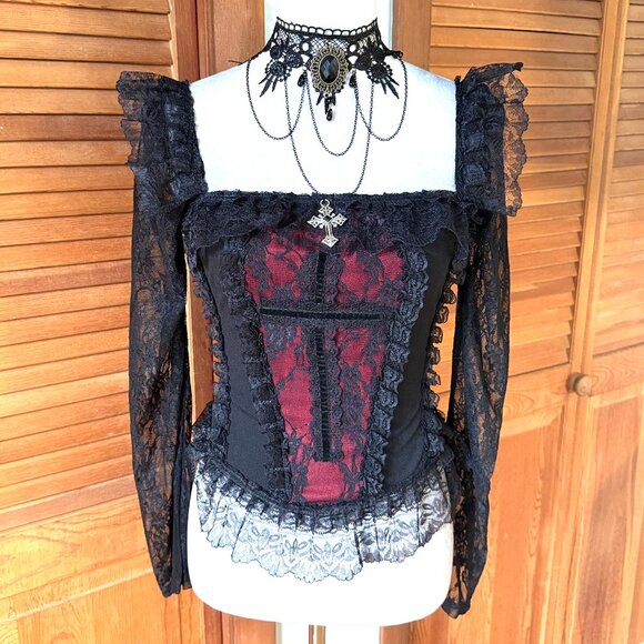Tops | Gothic Victorian Vampire Cross Black Red Lace Trim Long Sleeve ...